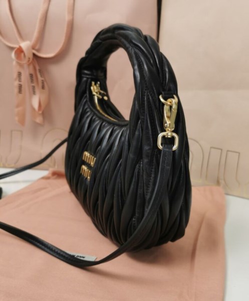 Miu Miu Wander Matelasse Nappa Leather Mini Hobo Bag Black - diorluxury