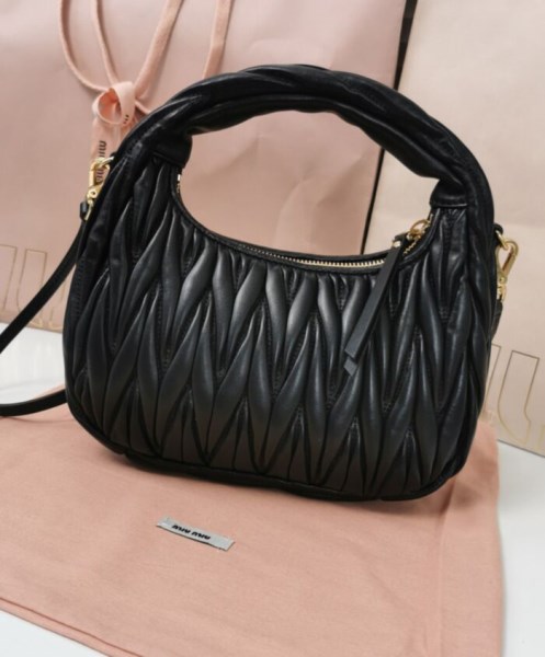 Miu Miu Wander Matelasse Nappa Leather Mini Hobo Bag Black - diorluxury