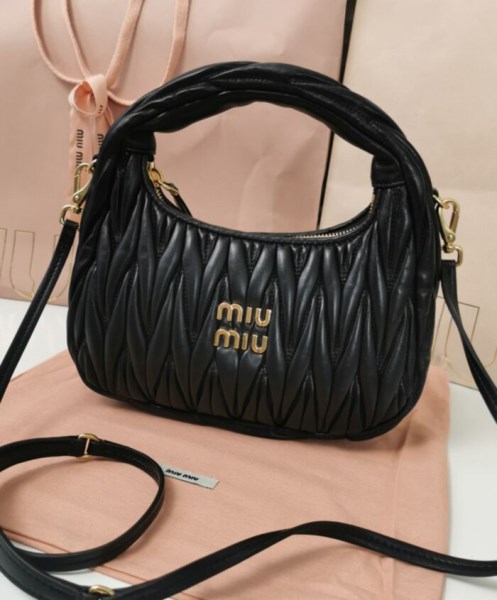 Miu Miu Wander Matelasse Nappa Leather Mini Hobo Bag Black - diorluxury